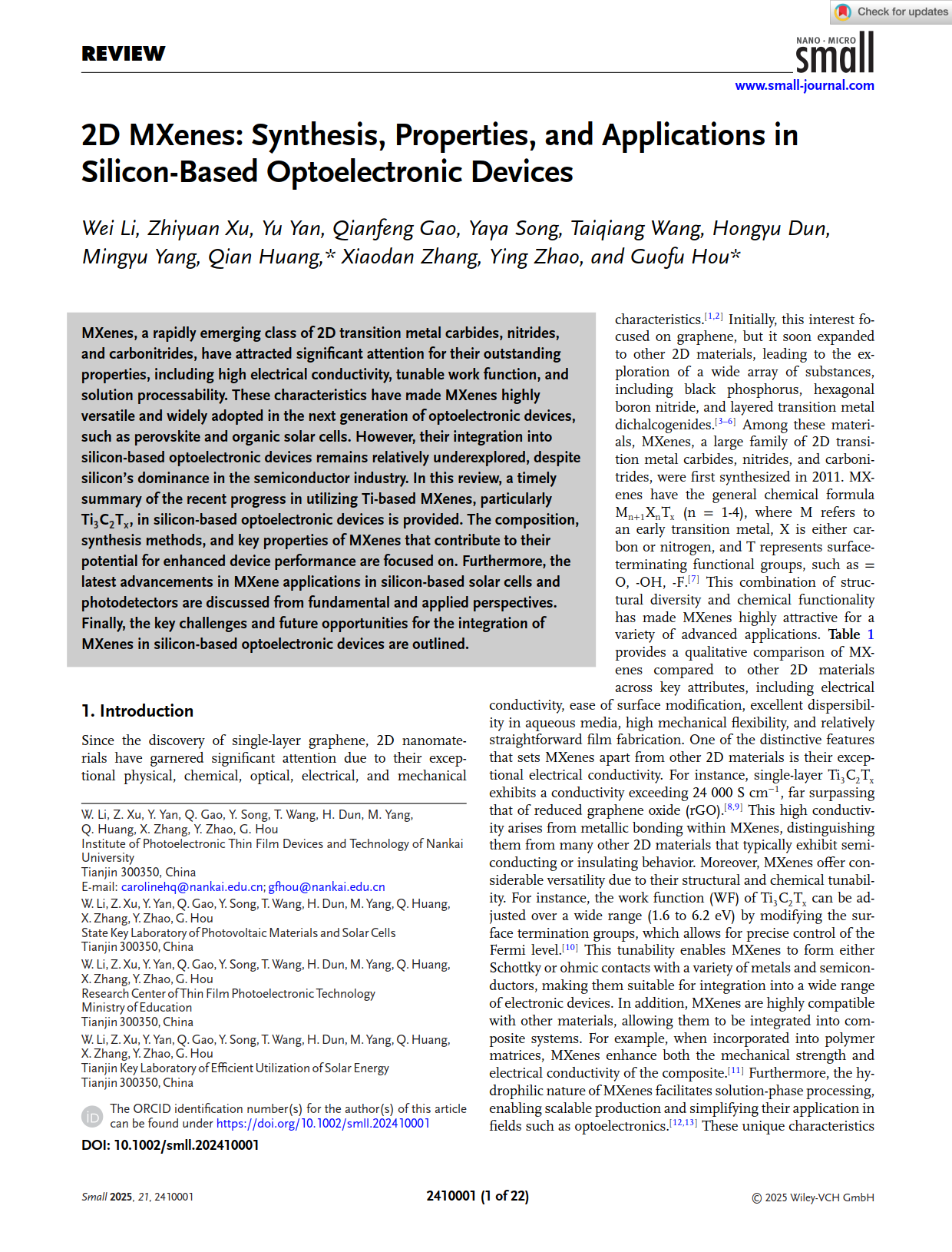 2D MXenes: Synthesis, Properties, and Applications in Silicon-Based Optoelectronic Devices