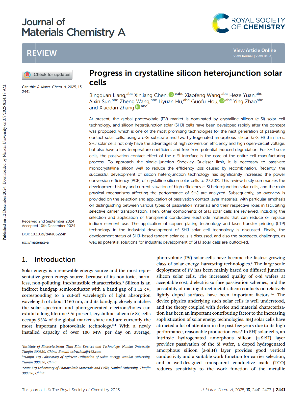 Progress in crystalline silicon heterojunction solar cells